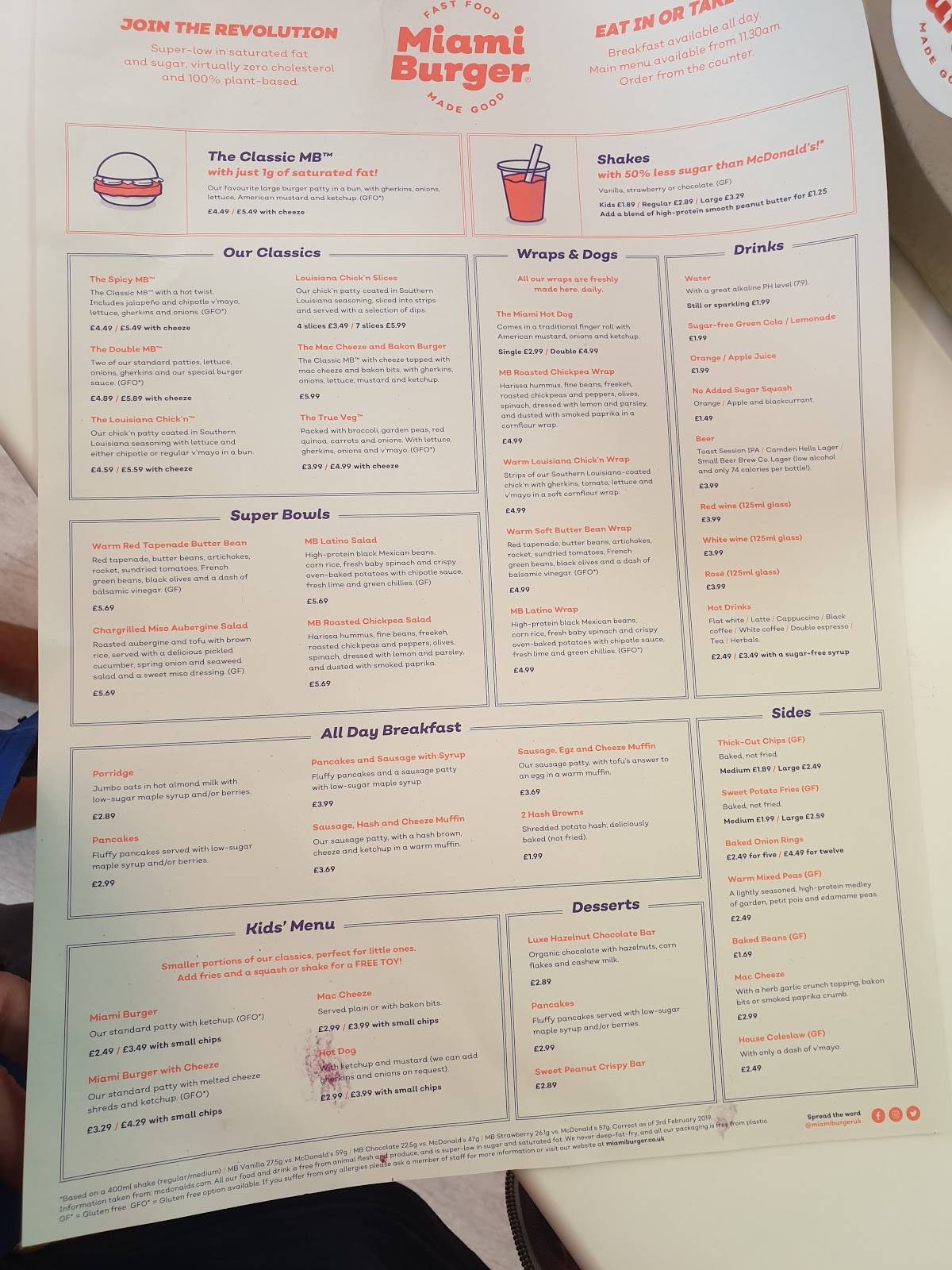 Menu at Miami Burger Test Kitchen restaurant, Reading