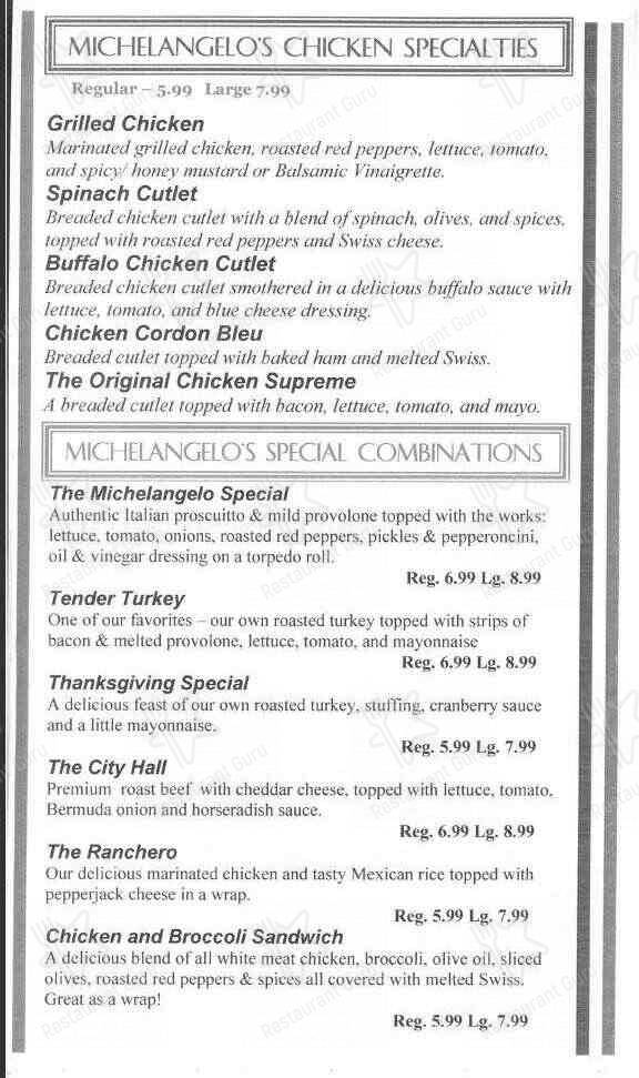 Menu at Michelangelo's pizzeria, Cranston