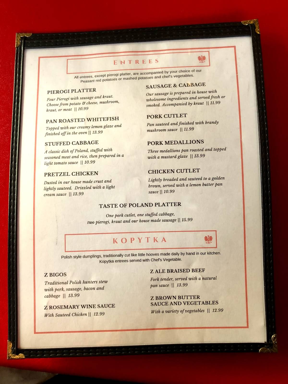 Menu at Kolasa’s Restaurant (The Polish Peasant), Michigan City