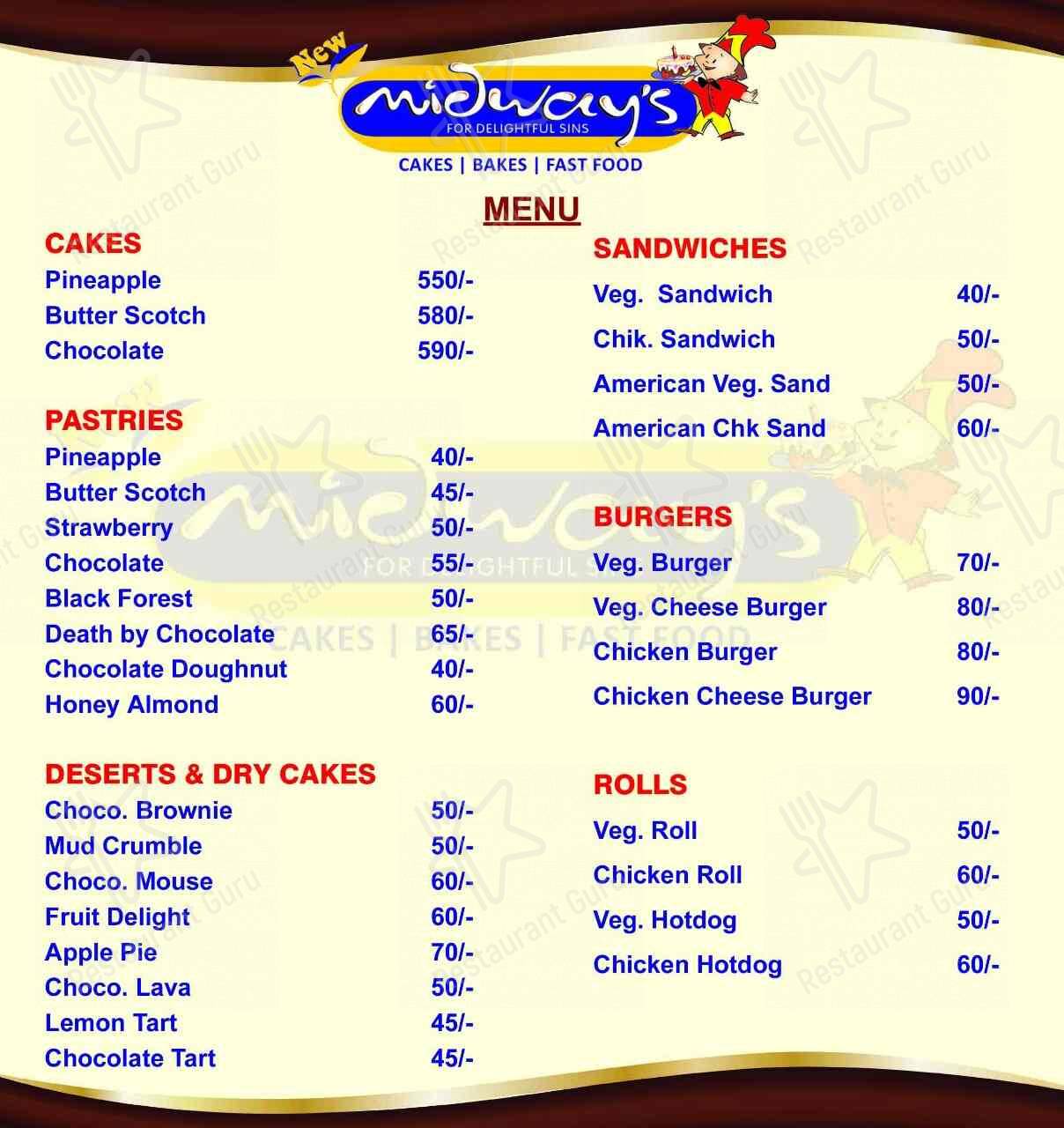 Menu at New Midway's Bakery, Hyderabad, 8-2-601/G/160