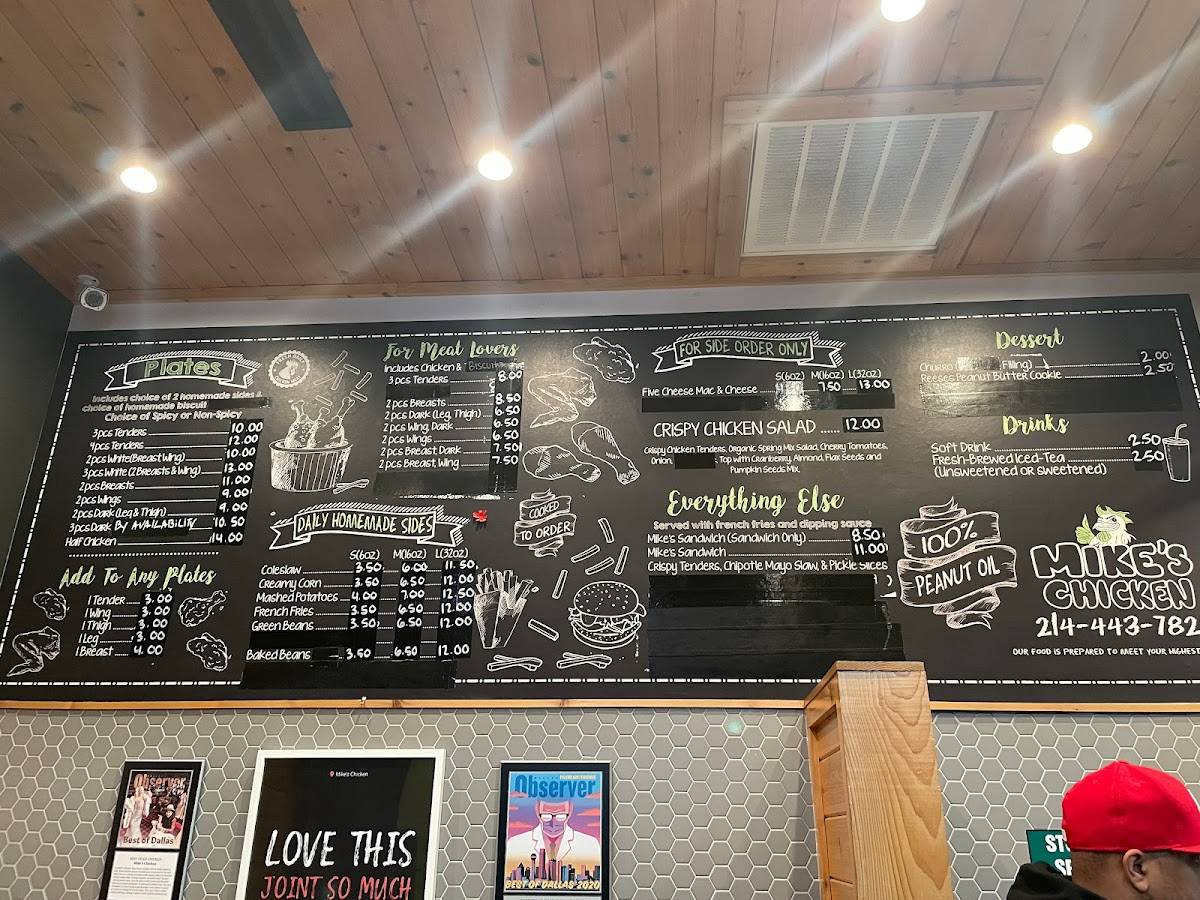 Menu at Mike's Chicken restaurant, Dallas, Maple Ave