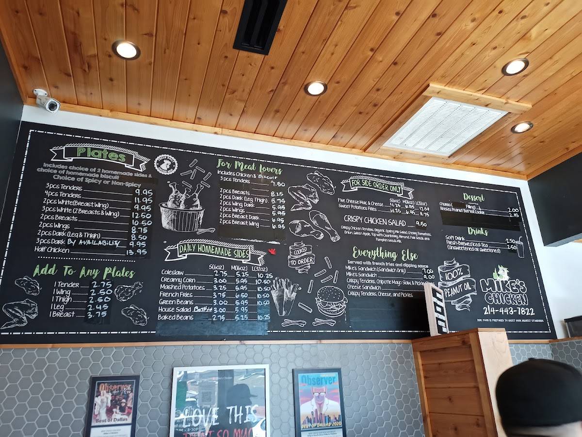 Menu at Mike's Chicken restaurant, Dallas, Maple Ave