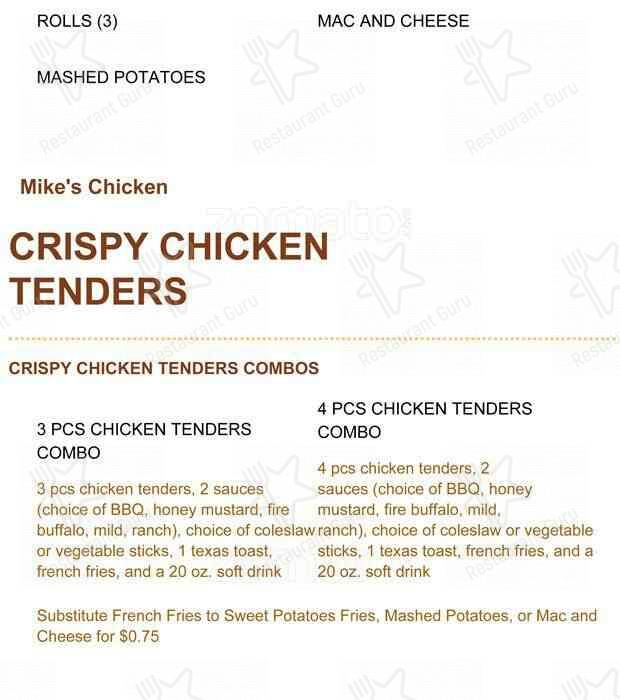 Menu at Mike's Chicken restaurant, Dallas, Maple Ave