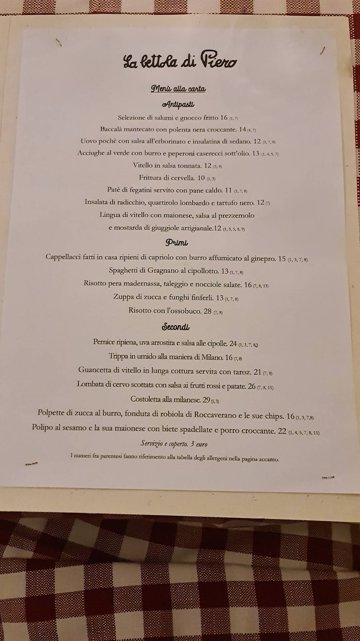 Carta del restaurante La Bettola di Piero, Milan