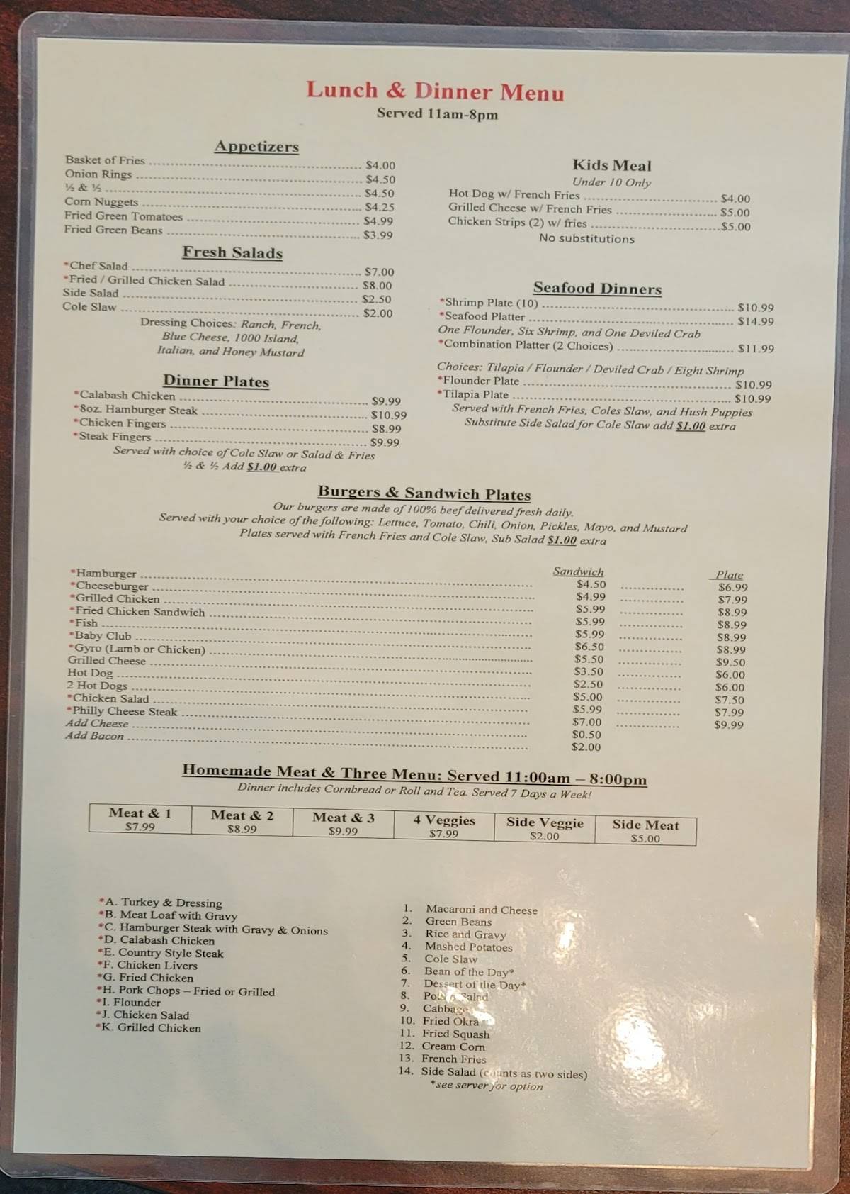 Menu at Mill Town Place restaurant, Pelzer
