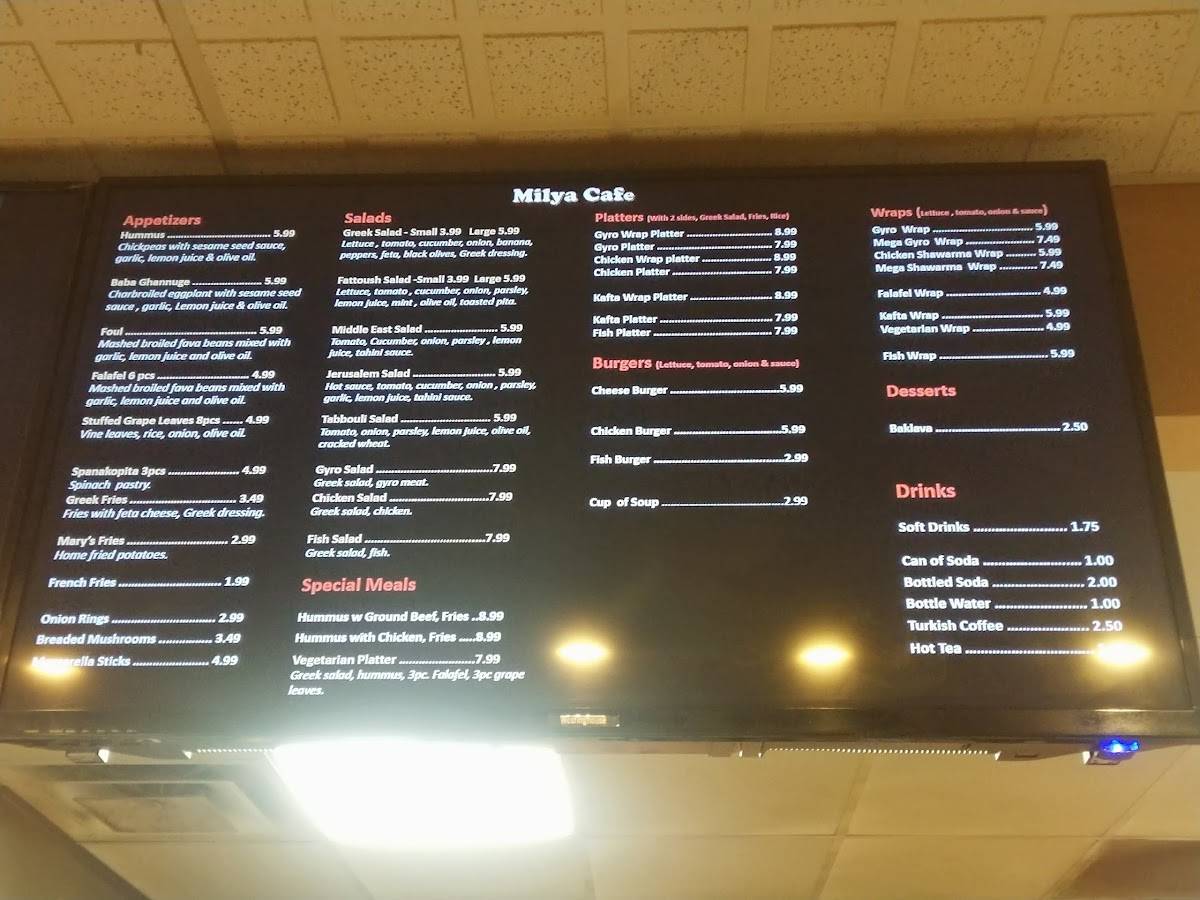 Menu at Milya Cafe, Blue Ash