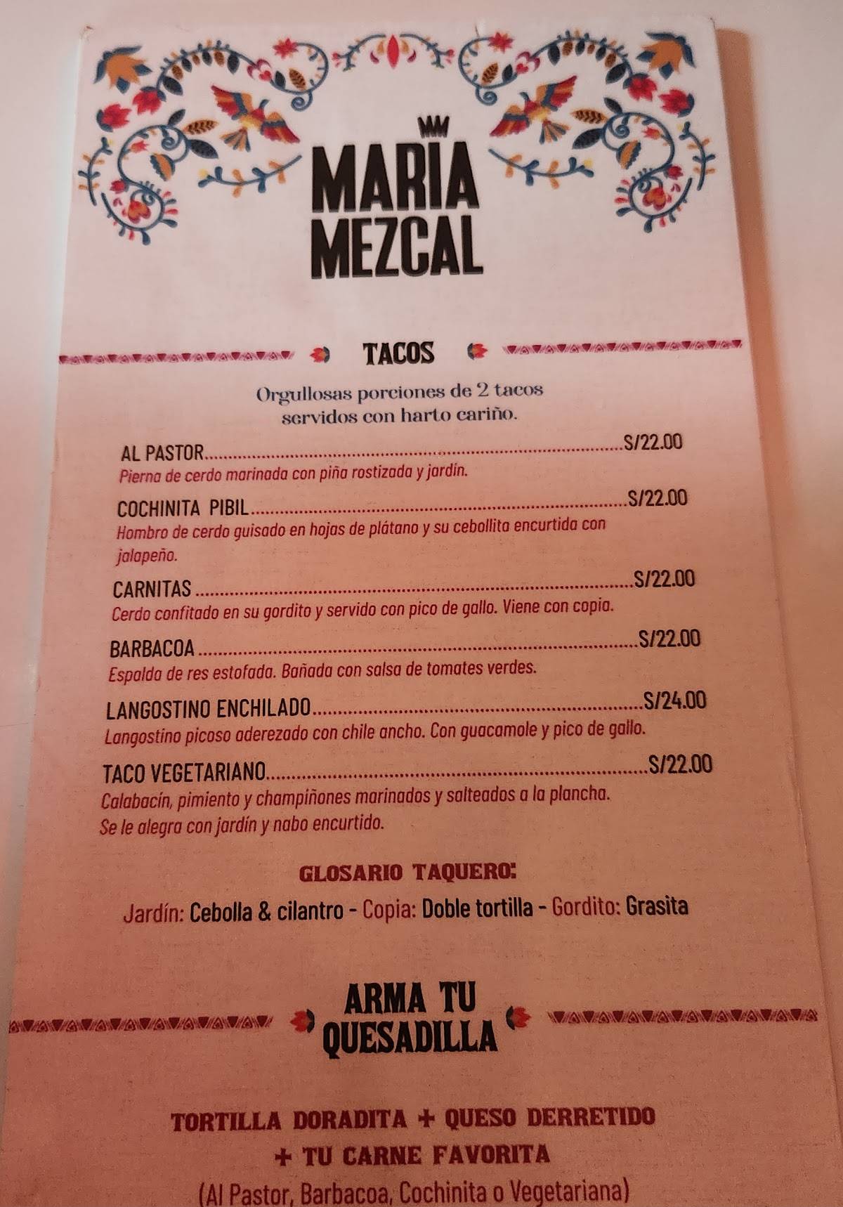 Carta del pub y bar Maria Mezcal, Miraflores