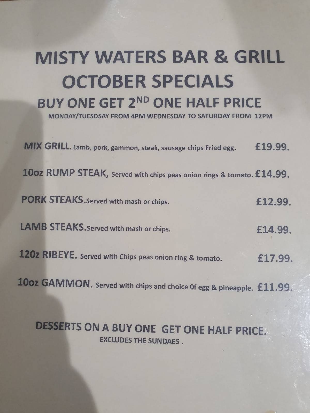 Menu at Misty Waters Bar & Grill, England, Dyserth Rd