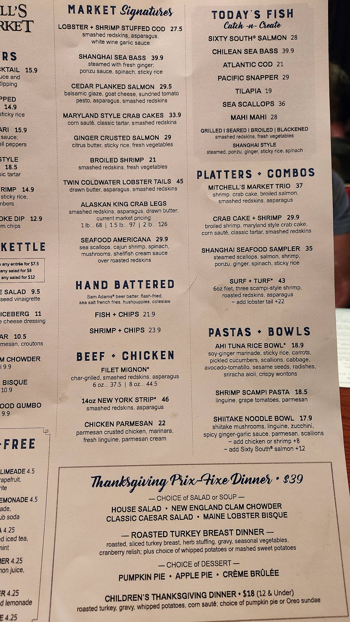 Menu at Mitchell's Fish Market restaurant, Louisville