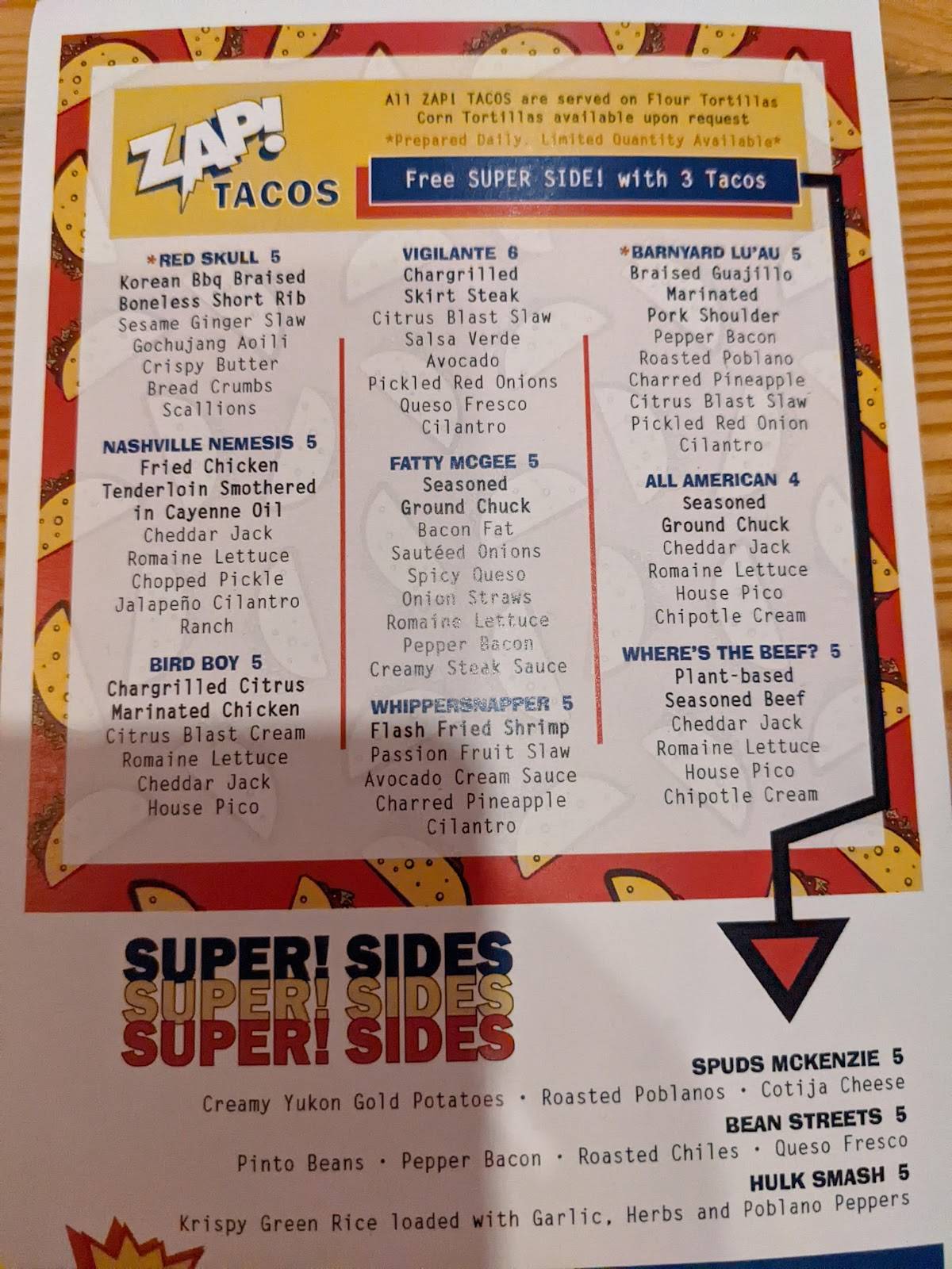 Menu at Zap! Taco House restaurant, Mokena