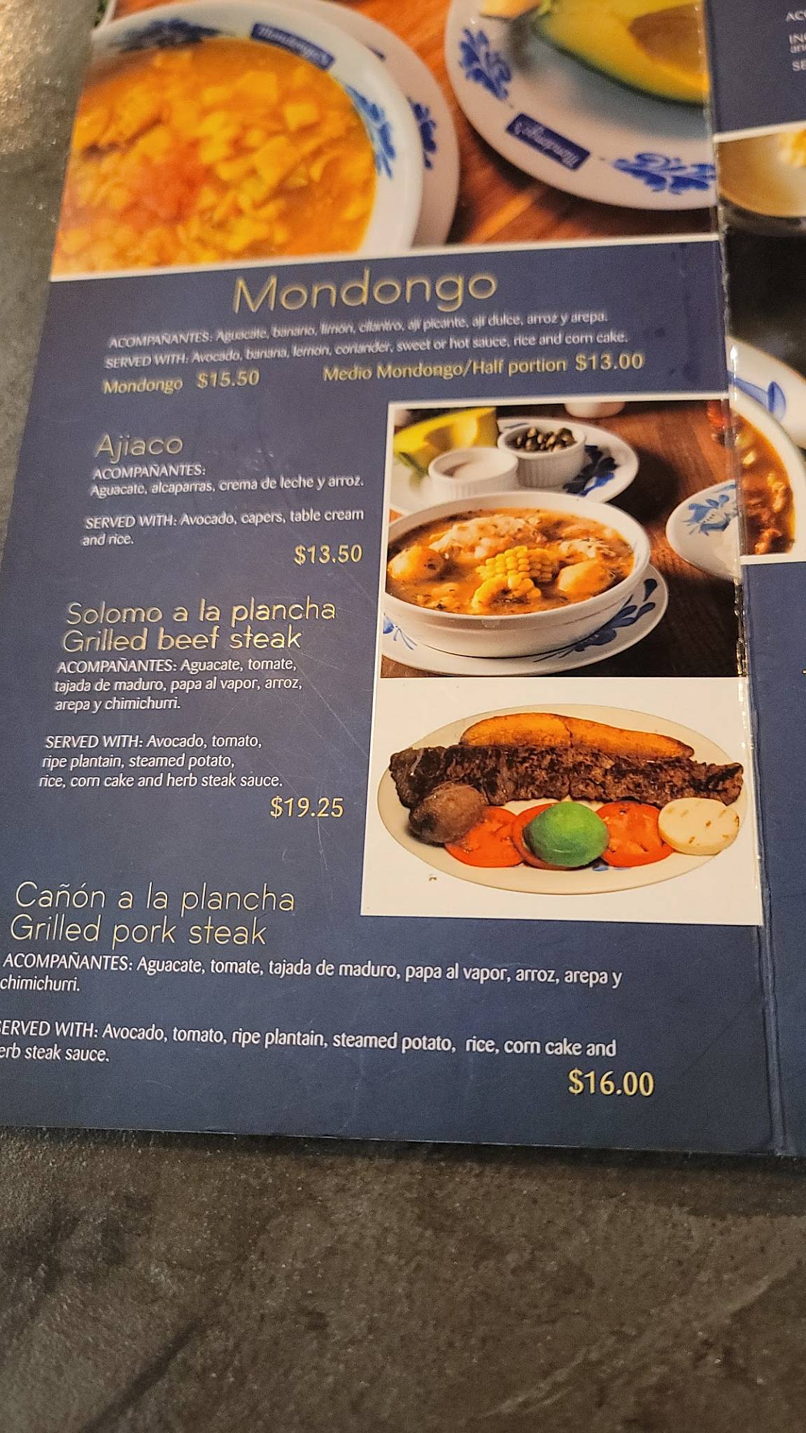 Carta de Mondongo's Restaurante, Doral