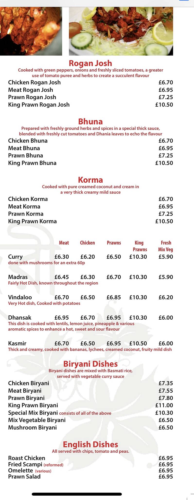 Menu at Moonlight Tandoori restaurant, Hull