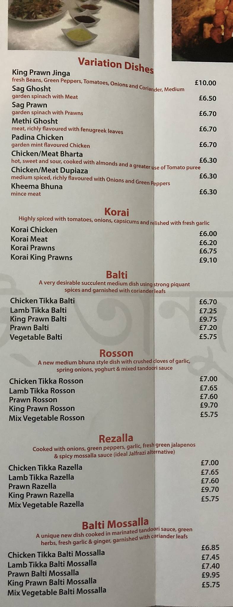 Menu at Moonlight Tandoori restaurant, Hull