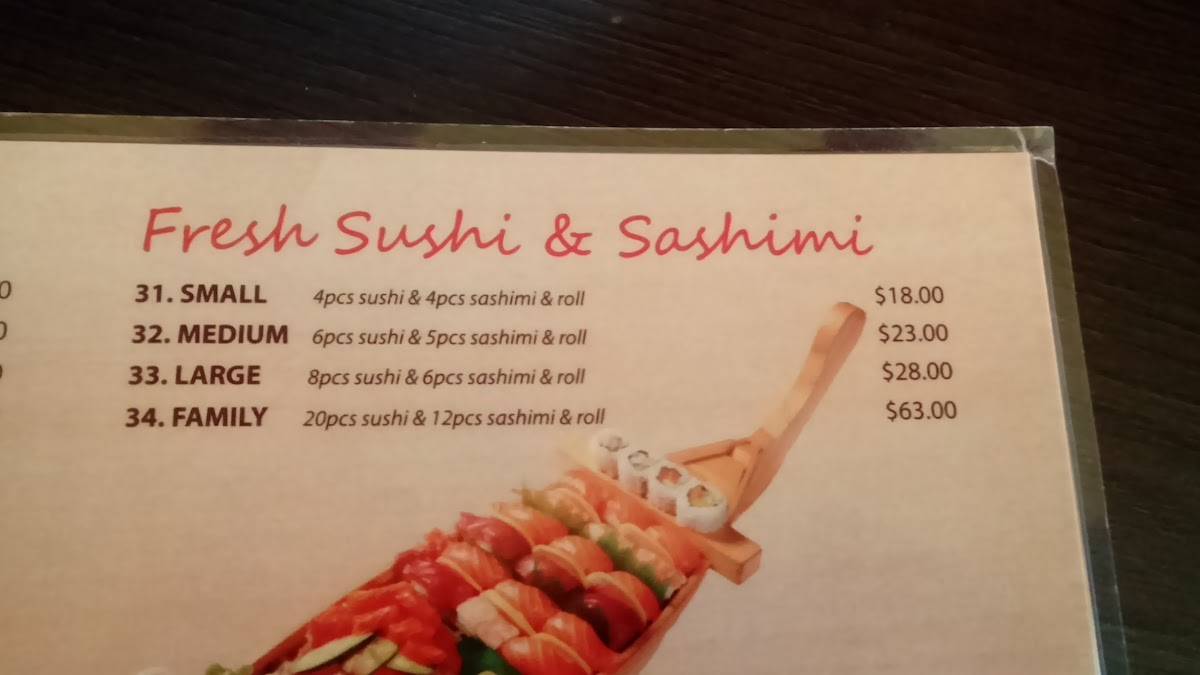 Menu at Moon's Sushi restaurant, Nowra