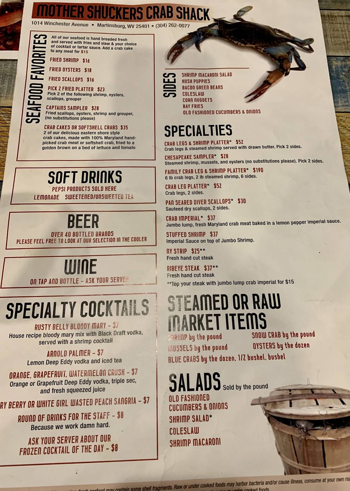 Menu at Mother Shuckers Crab Shack restaurant, Martinsburg