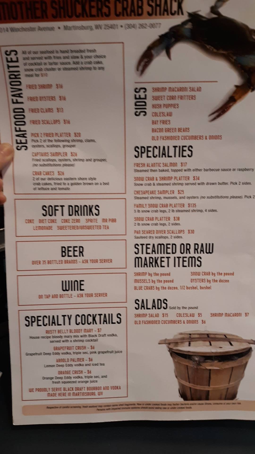 Menu at Mother Shuckers Crab Shack restaurant, Martinsburg