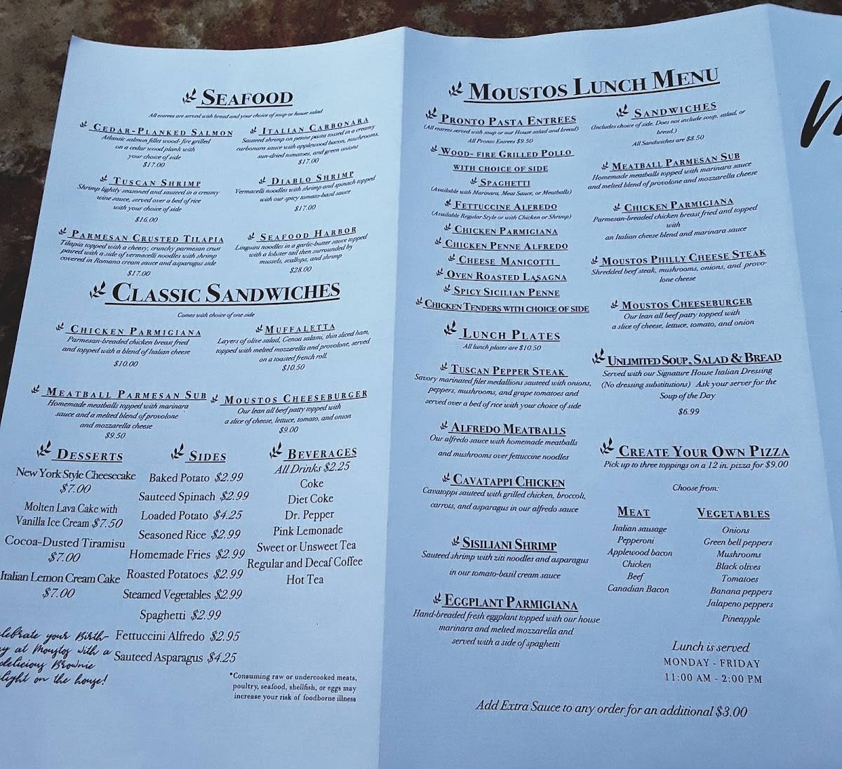 Menu at Moustos Pasta & Grill restaurant, Paris