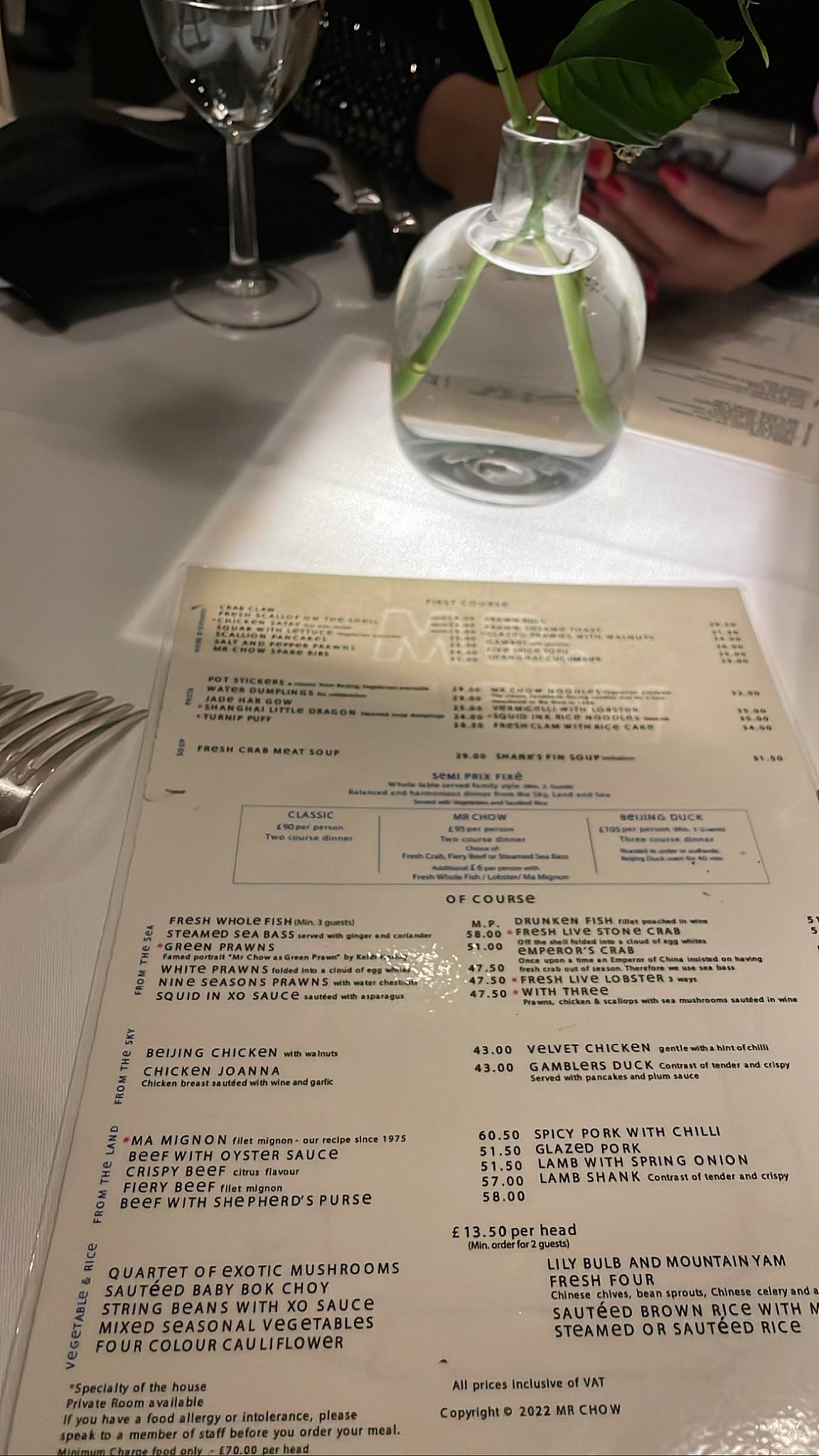 Menu at Mr Chow restaurant, London