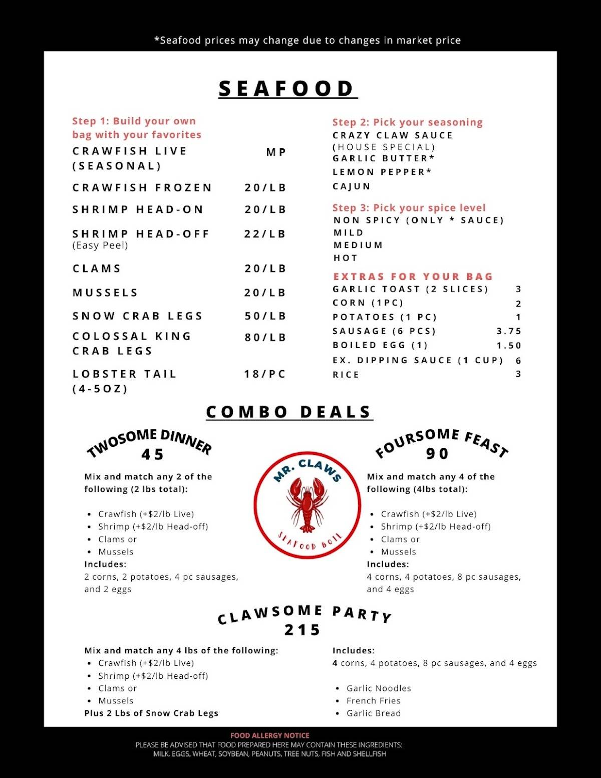 Menu at Mr. Claws restaurant, Cathedral City