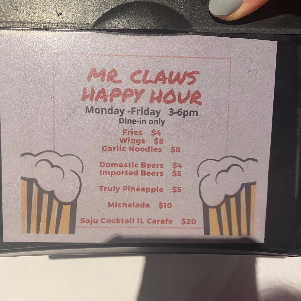 Menu at Mr. Claws restaurant, Cathedral City