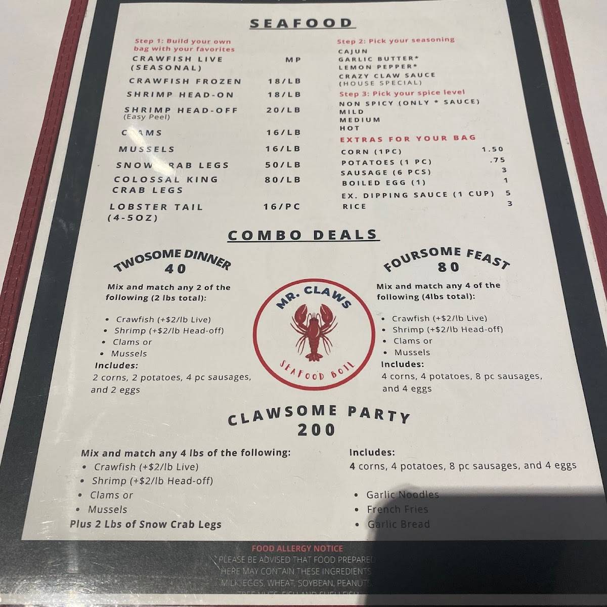 Menu at Mr. Claws restaurant, Cathedral City