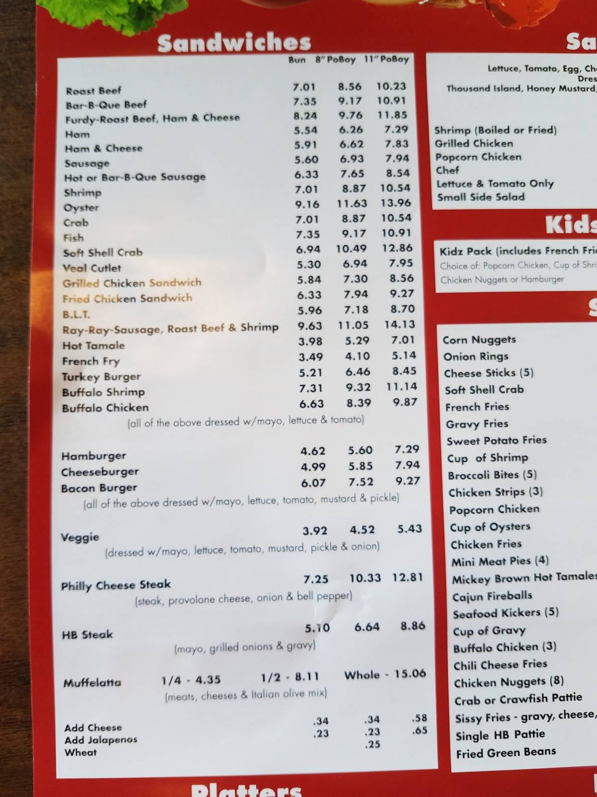 Menu at Mr. Po-Boy fast food, Houma, 860 Grand Caillou Rd