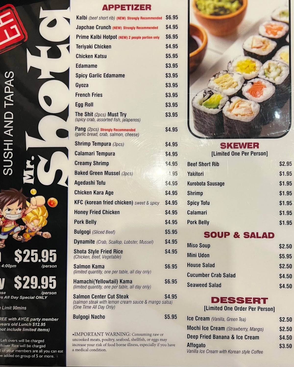 Menu at Mr. Shota AYCE Sushi restaurant, Las Vegas
