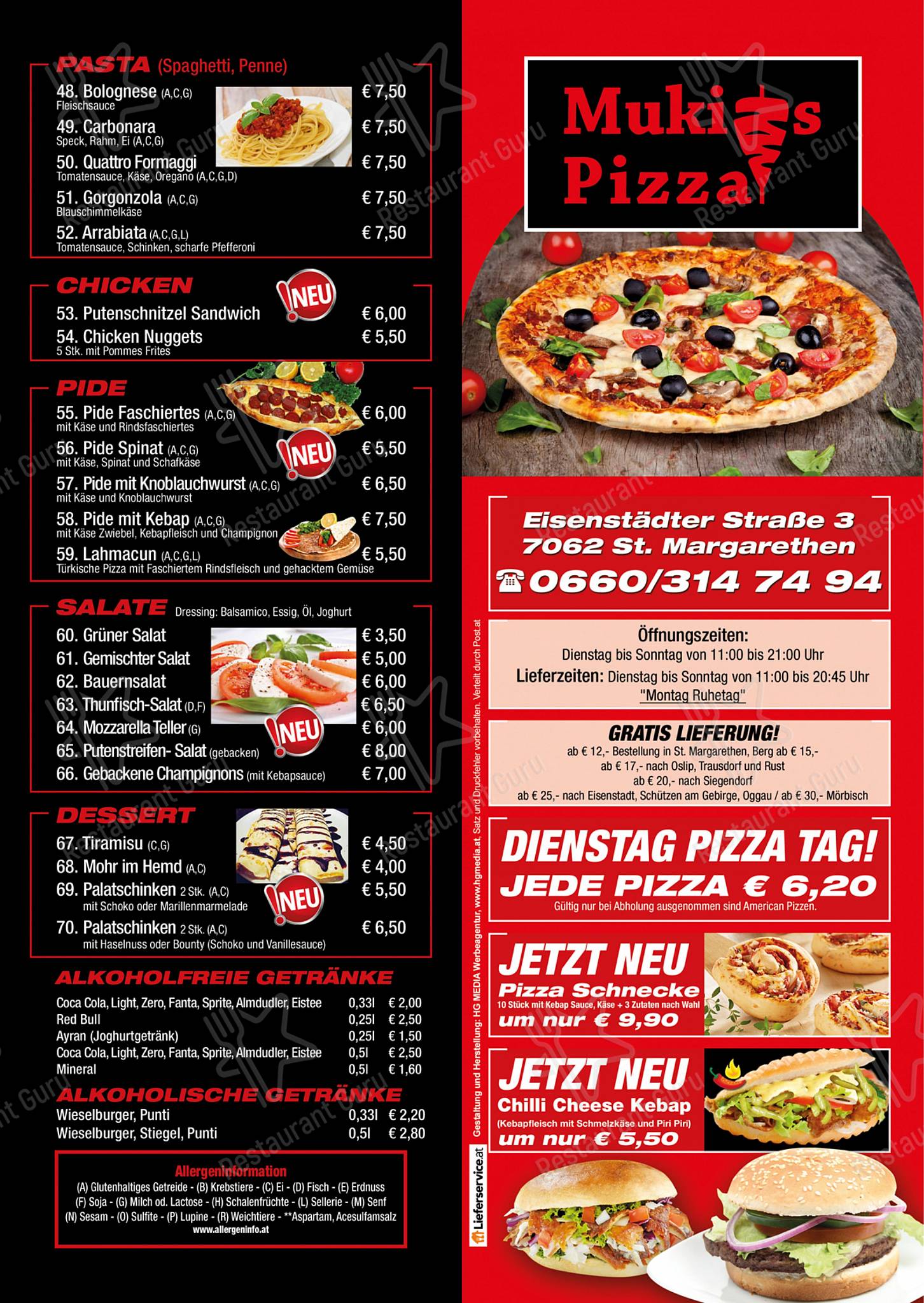 Speisekarte von Muki's Pizza, Sankt Margarethen im Burgenland