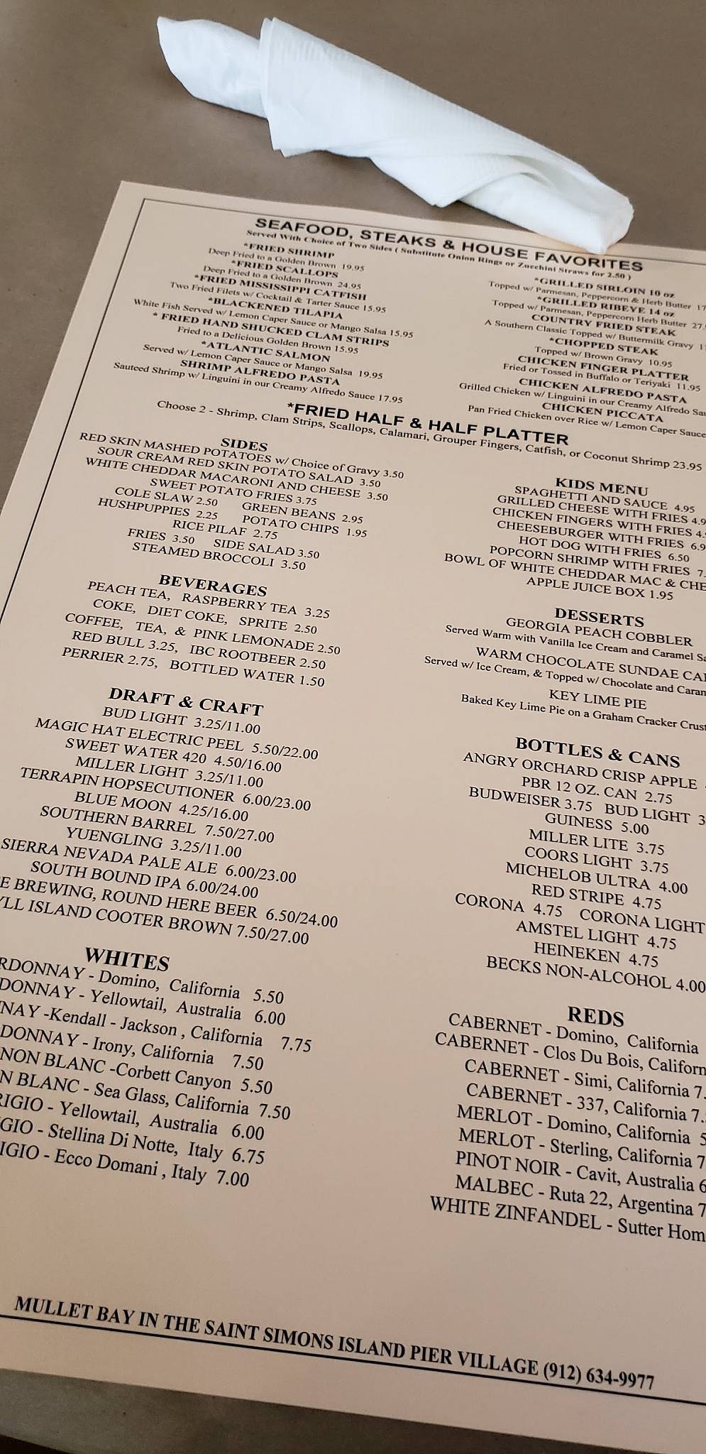 Menu at Mullet Bay Restaurant, Saint Simons Island, 512 Ocean Blvd