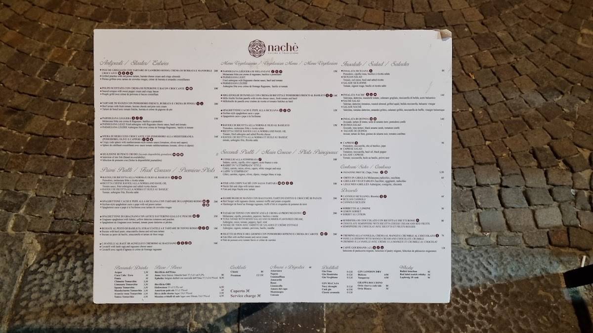 Menu at Nachè restaurant, Noto