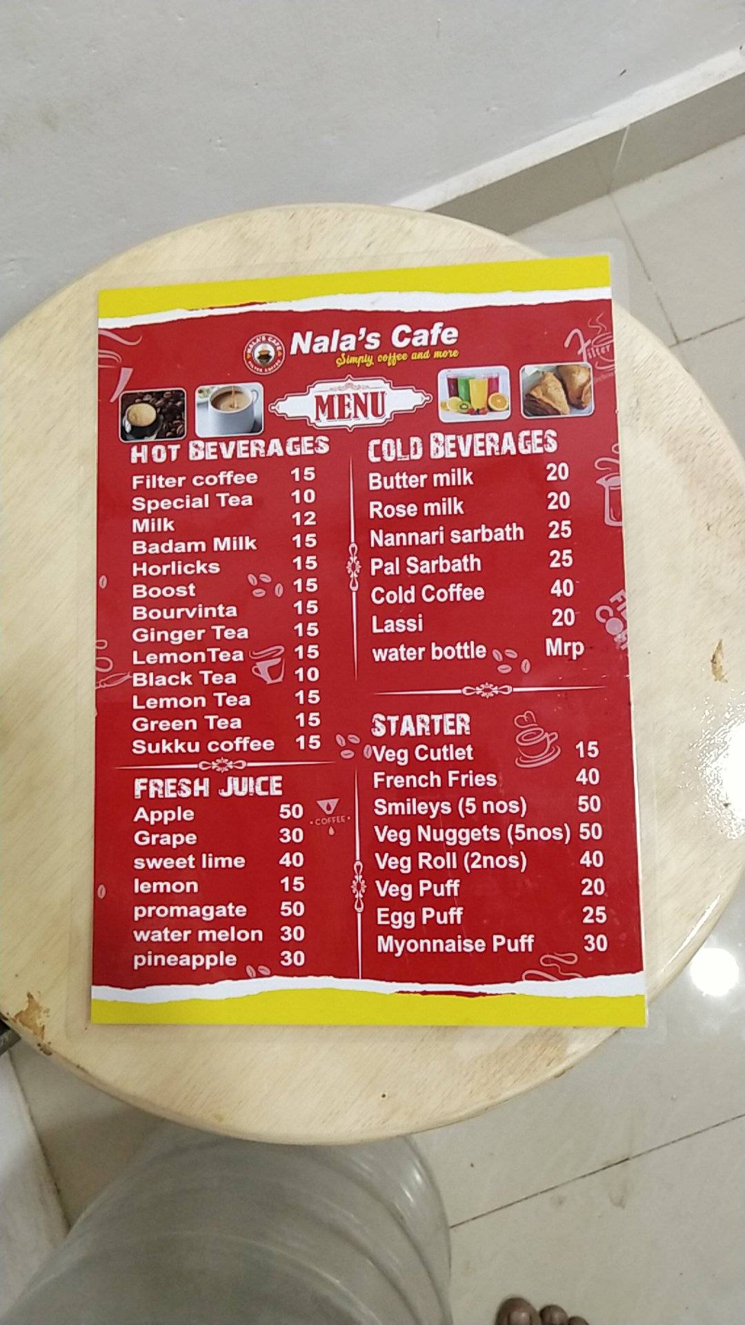 Menu at Nala's cafe, Chennai