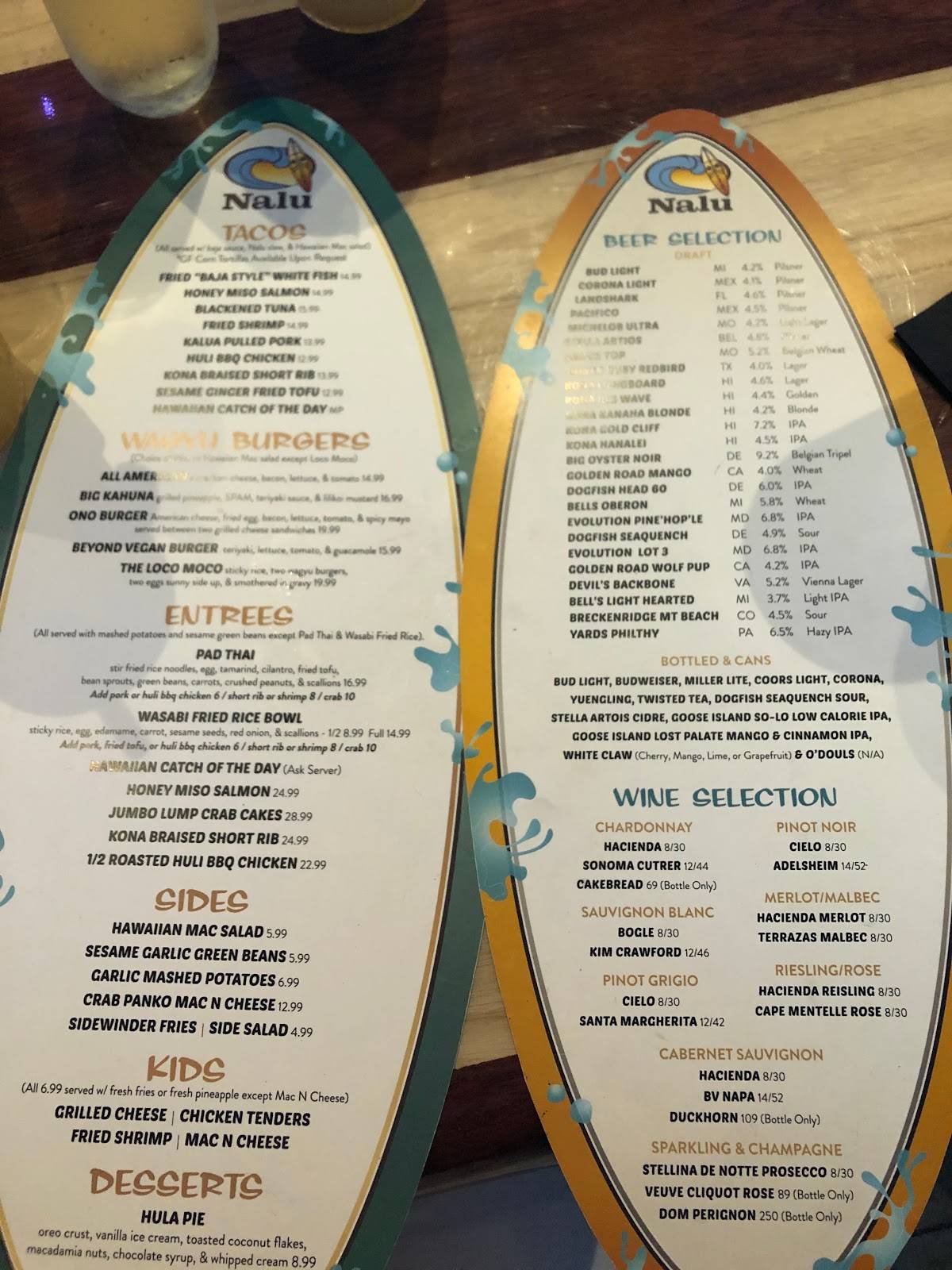 Menu at Nalu restaurant, Rehoboth Beach