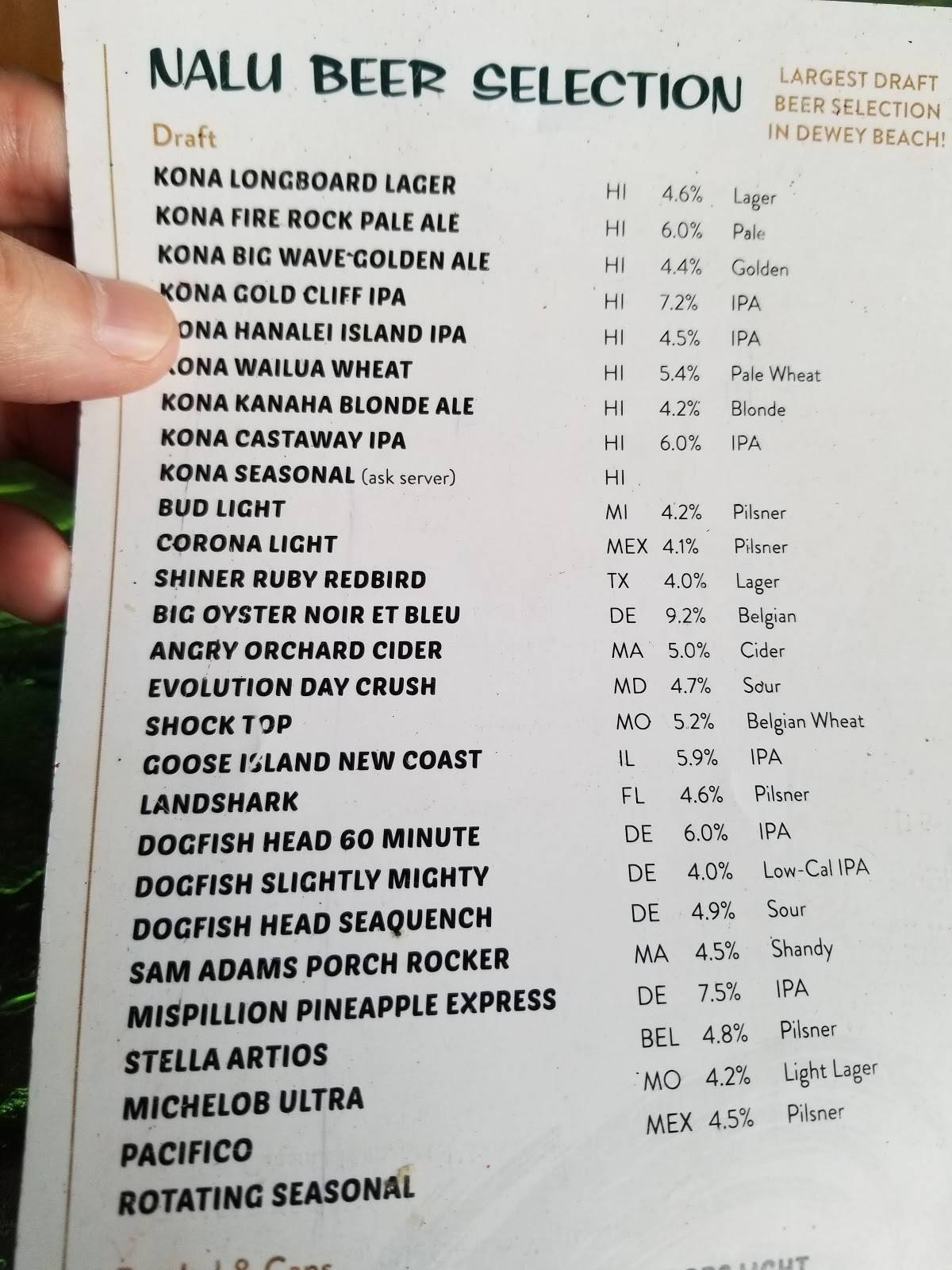 Menu at Nalu restaurant, Rehoboth Beach
