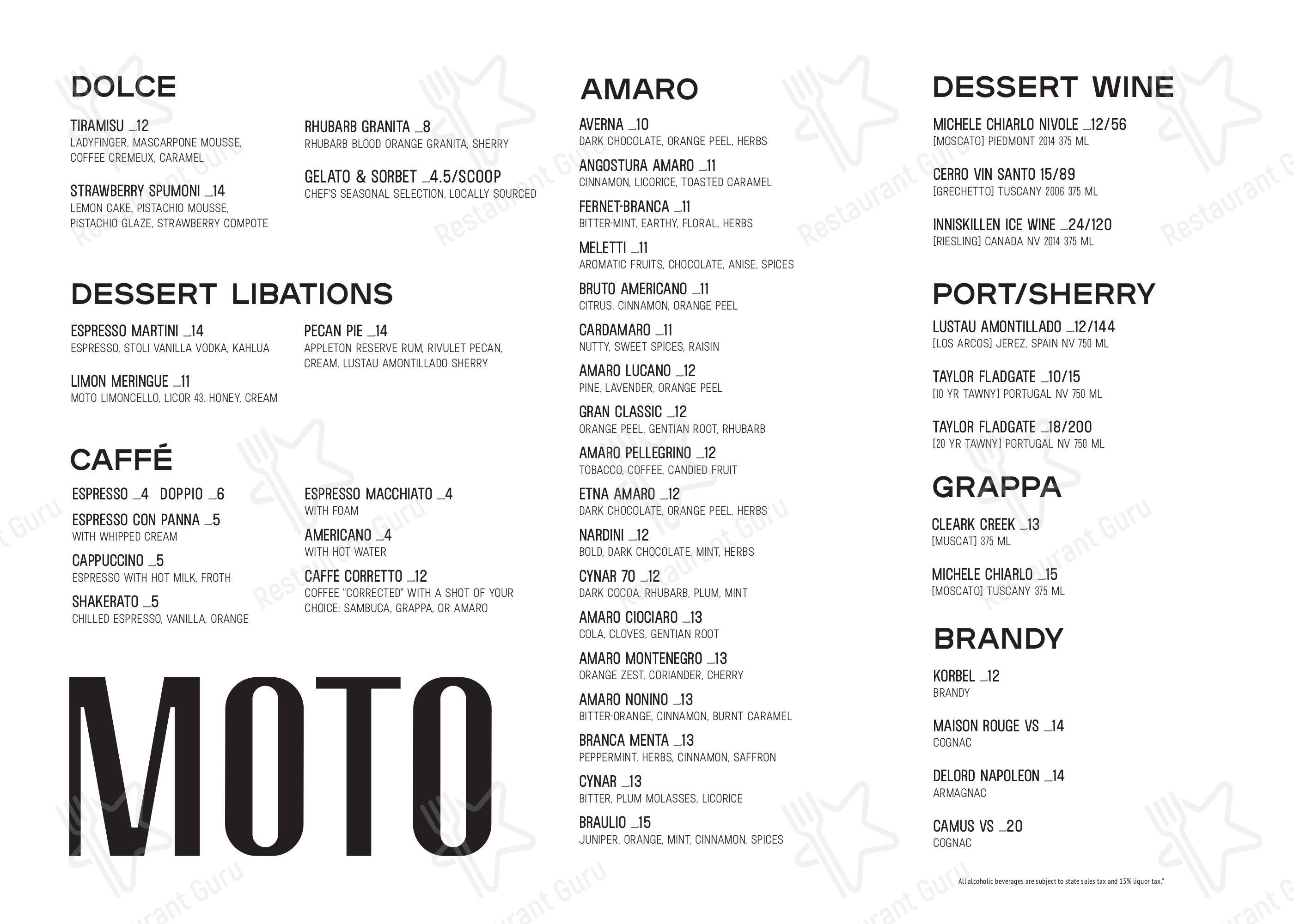 Menu at Moto restaurant, Nashville