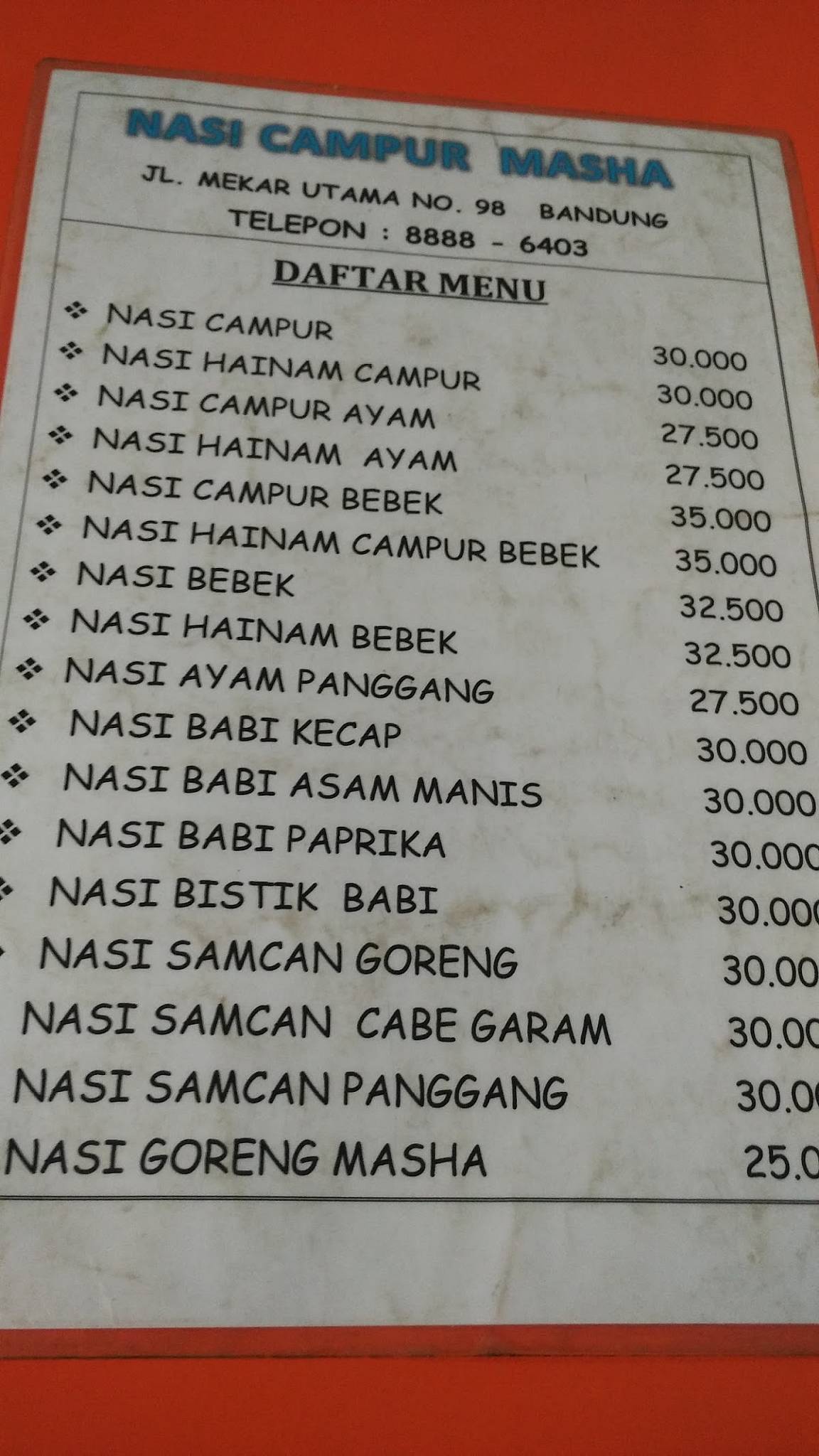 Menu at Nasi Campur Masha restaurant, Bandung