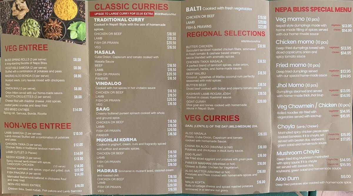 Menu at Nepa Bliss Modern Indian And Nepalese Cuisine - Narre Warren ...