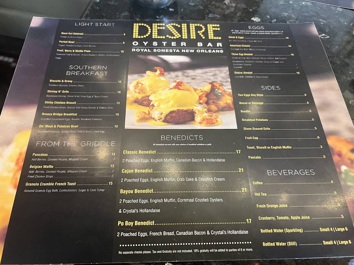 Menu at Desire Oyster Bar, New Orleans