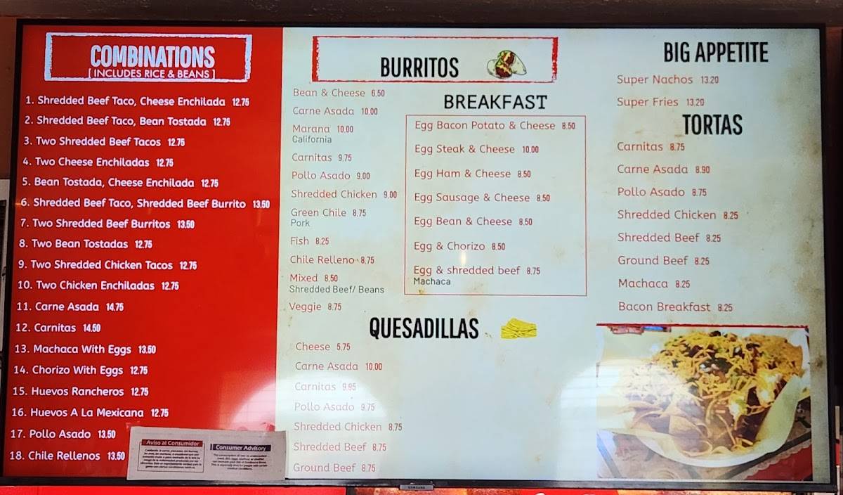 Menu at Nico's Mexican Food restaurant, Marana