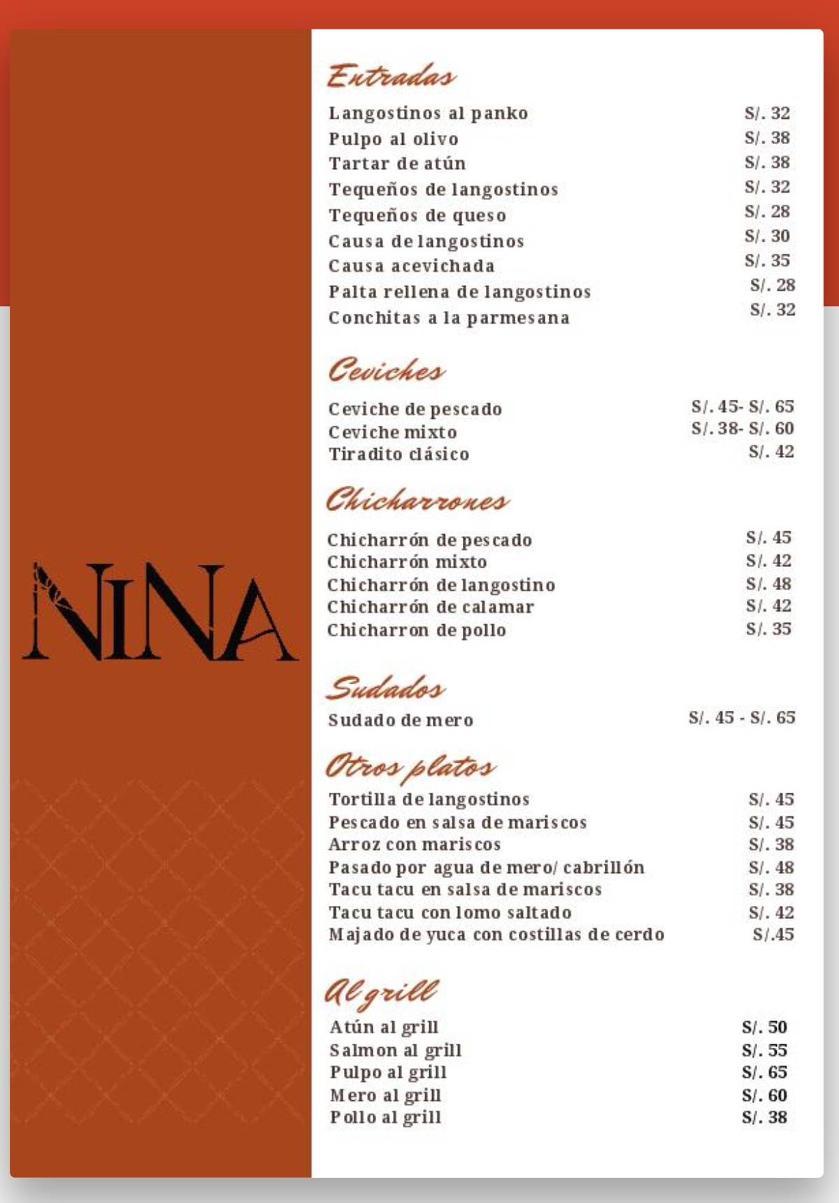 Menu at Nina Restaurante, Piura