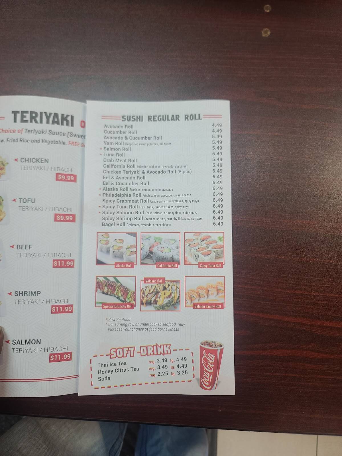 Menu at Ninja Japan restaurant, Union City