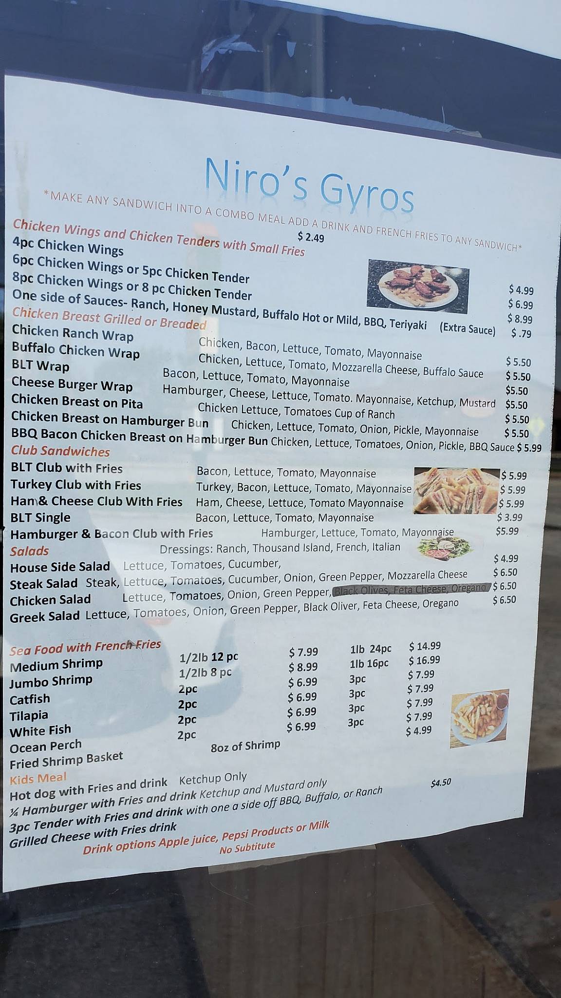 Menu at Niro's Gyros restaurant, Beecher