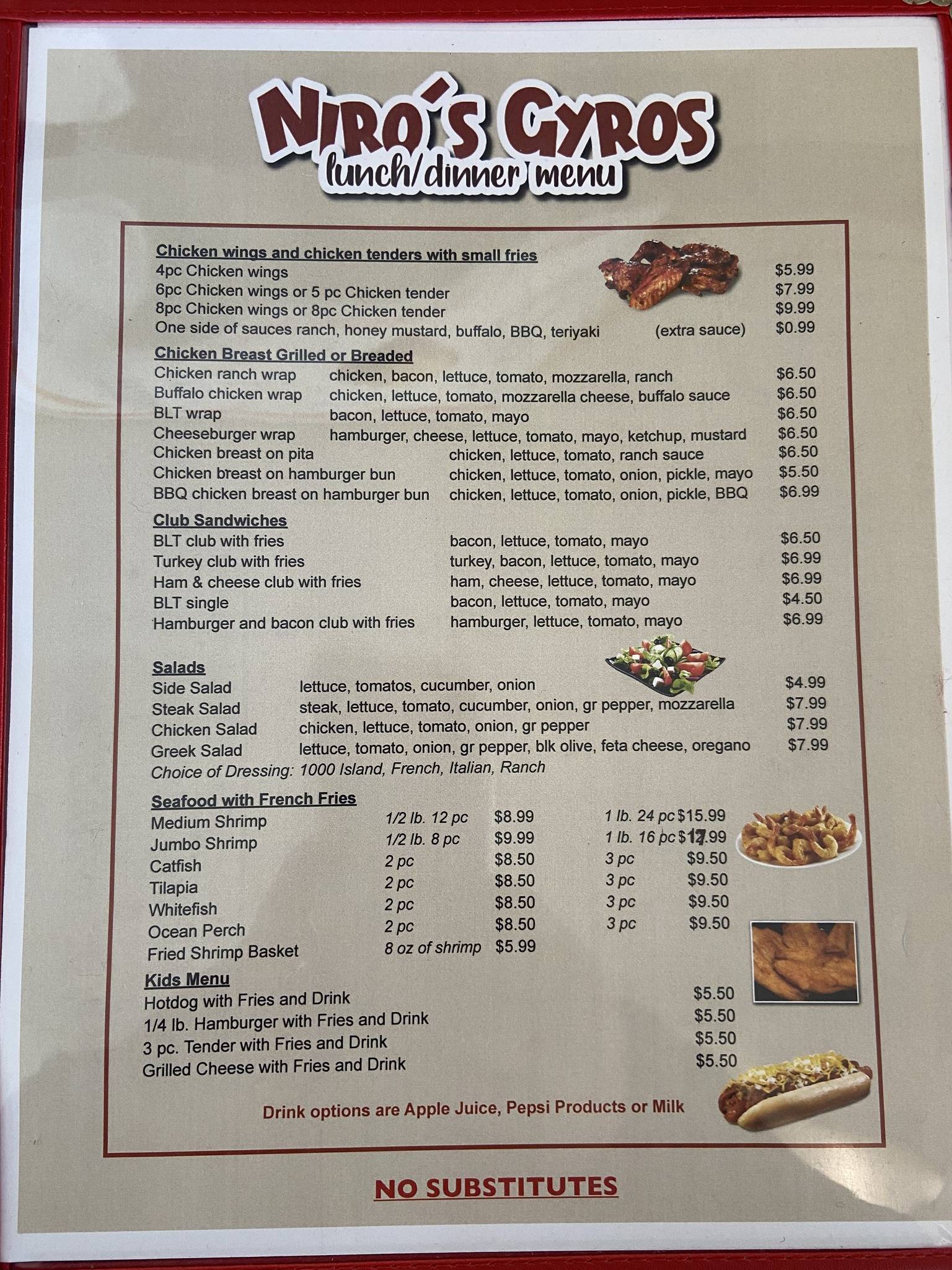 Menu at Niro's Gyros restaurant, Beecher