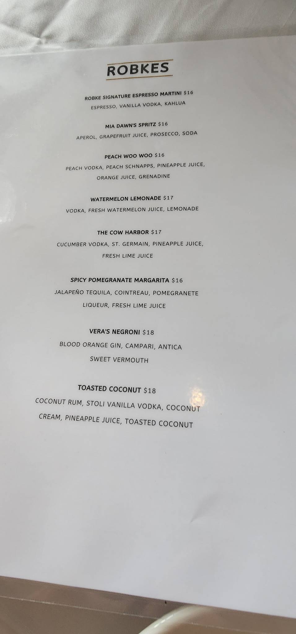 Menu at Robke's Northport restaurant, Northport