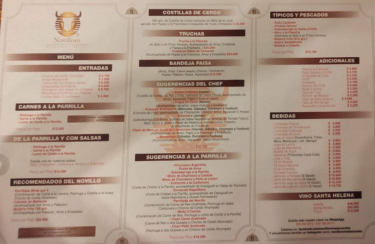 Carta del restaurante Novillo del Oro, Bogotá, Cra. 8 #1744