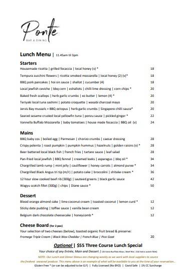Menu at Ponte Bar and Dining, Nowra