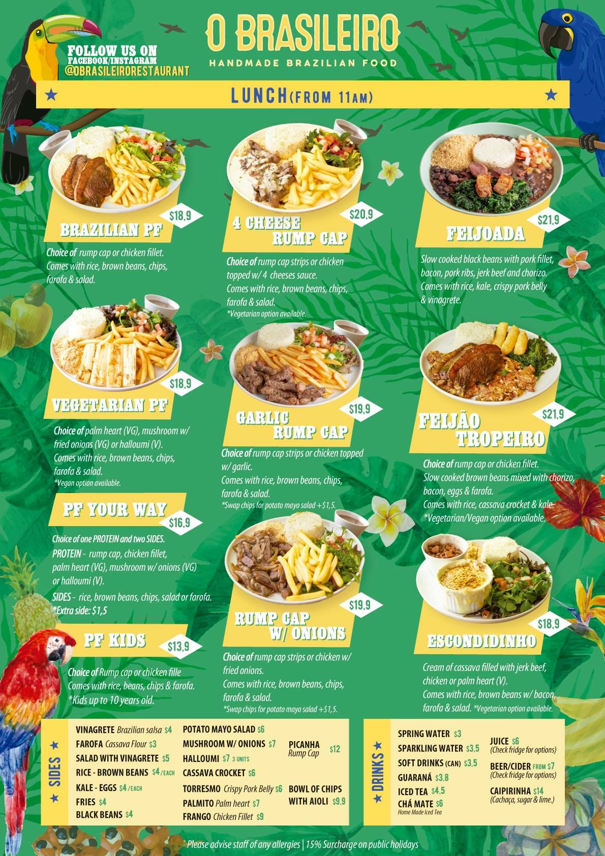 Carta del restaurante O Brasileiro, Brisbane