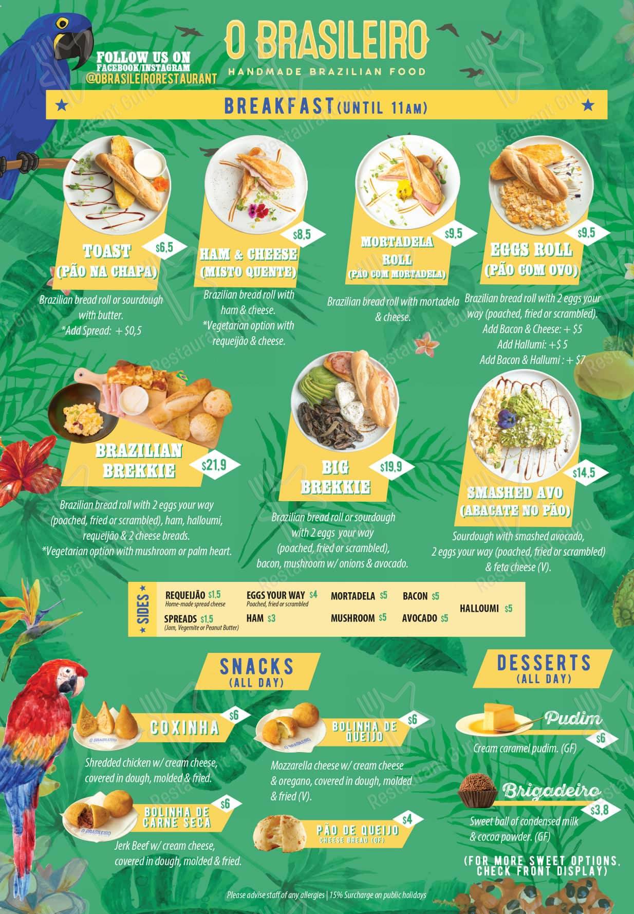 Carta del restaurante O Brasileiro, Brisbane