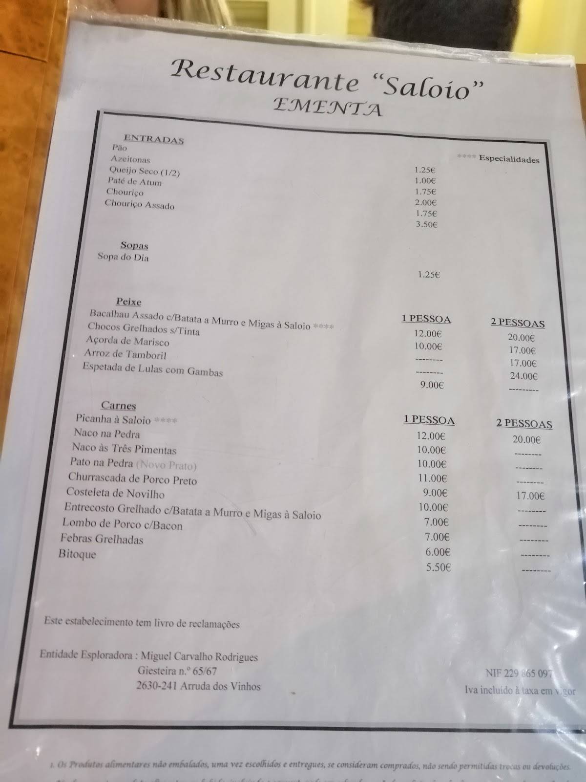Menu em Restaurante O Saloio, Arruda dos Vinhos