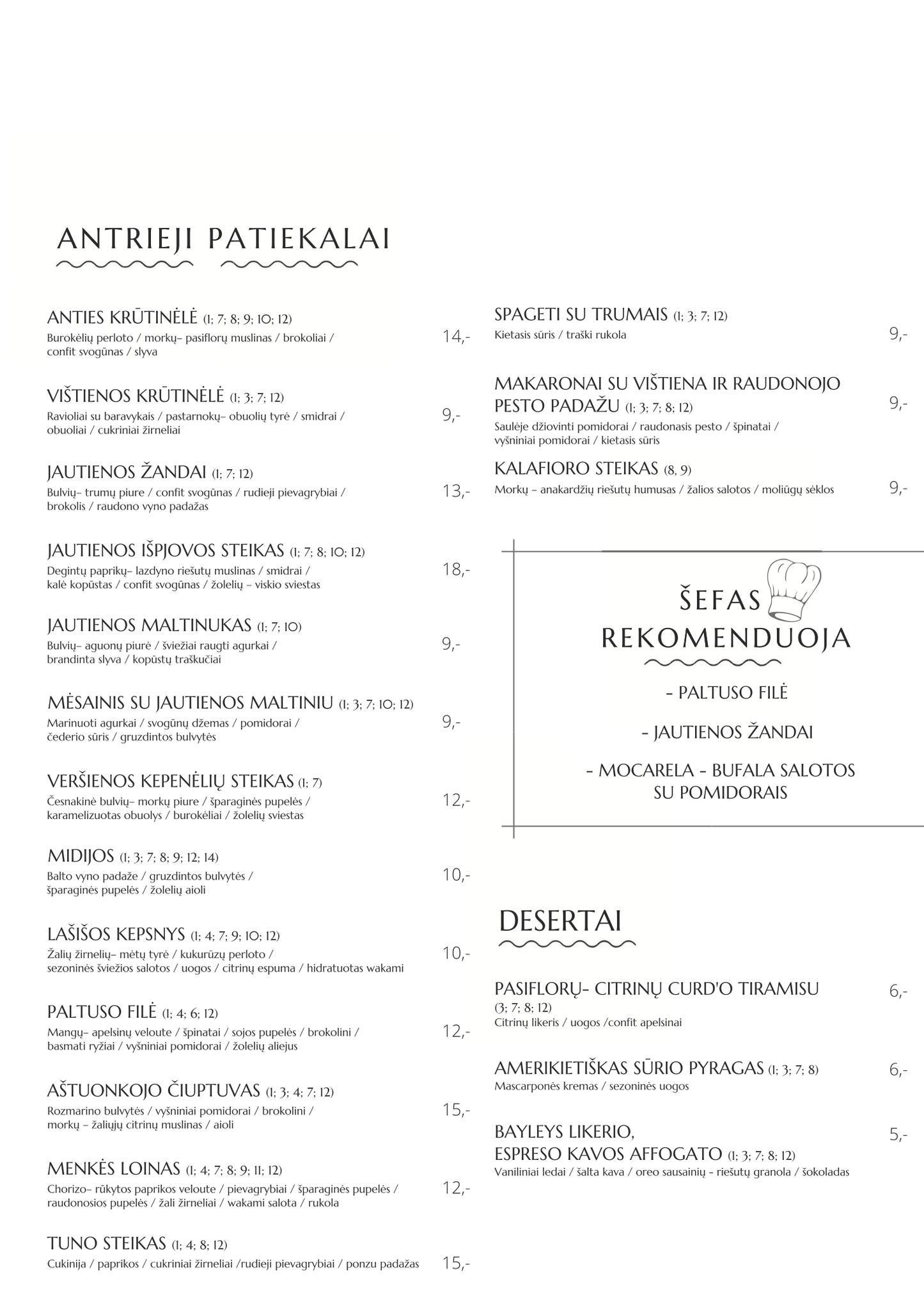 Menu at OKATA restaurant, Kaunas
