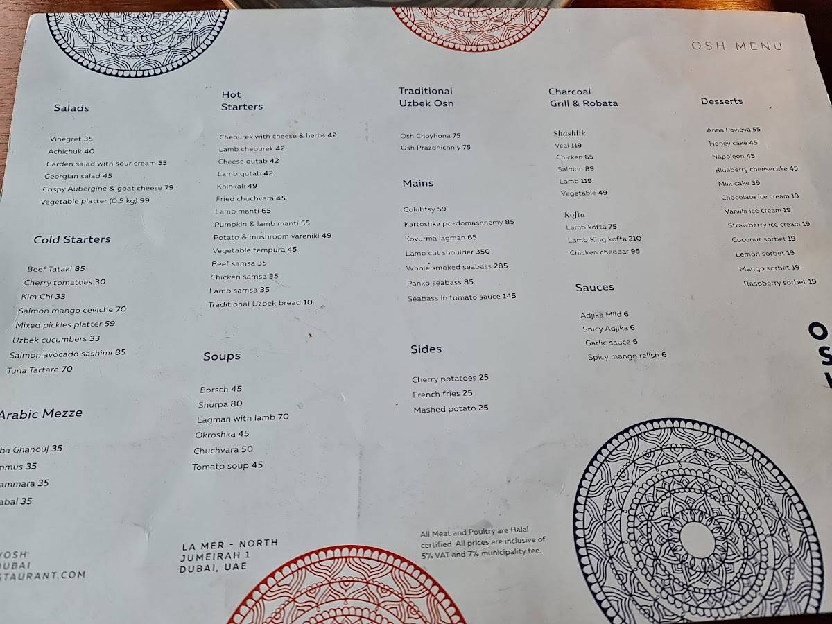 Carta del restaurante OSH Del Mar, Emiratos Árabes Unidos